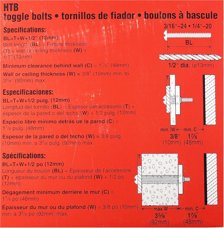 Five(5) NEW HILTI 3/16" Hollow & Drywall HTB TOGGLER Anchor Bolt w ...
